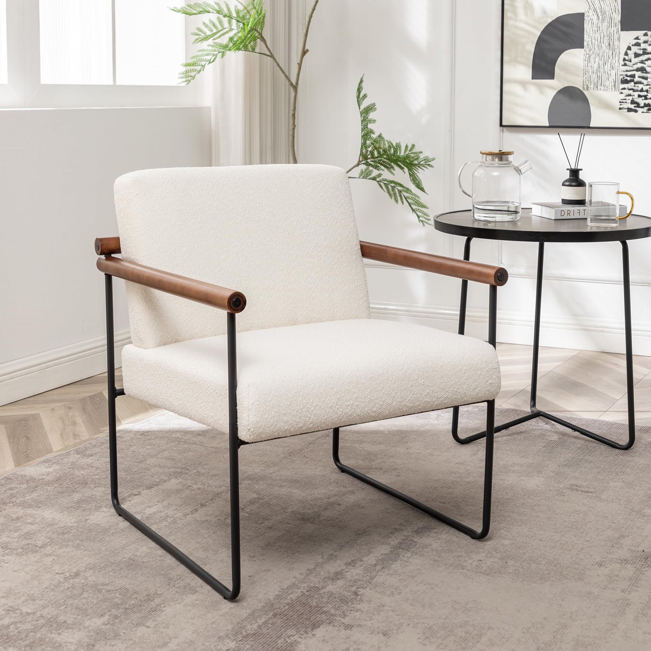Boucle Accent Chair with Round Wood Arms, Comfy Upholstered Arm Chair ...