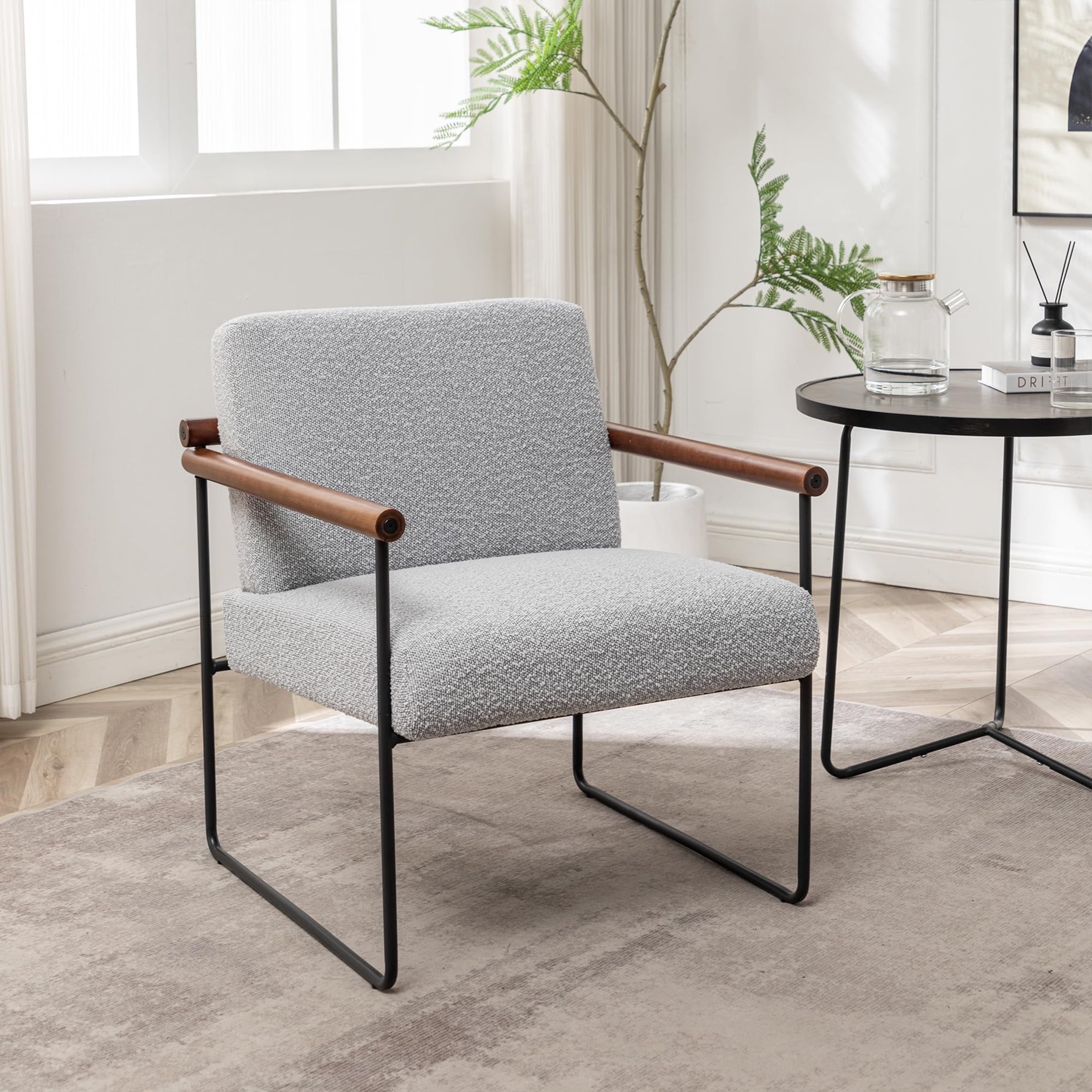 Boucle Accent Chair with Round Wood Arms, Comfy Upholstered Arm Chair ...