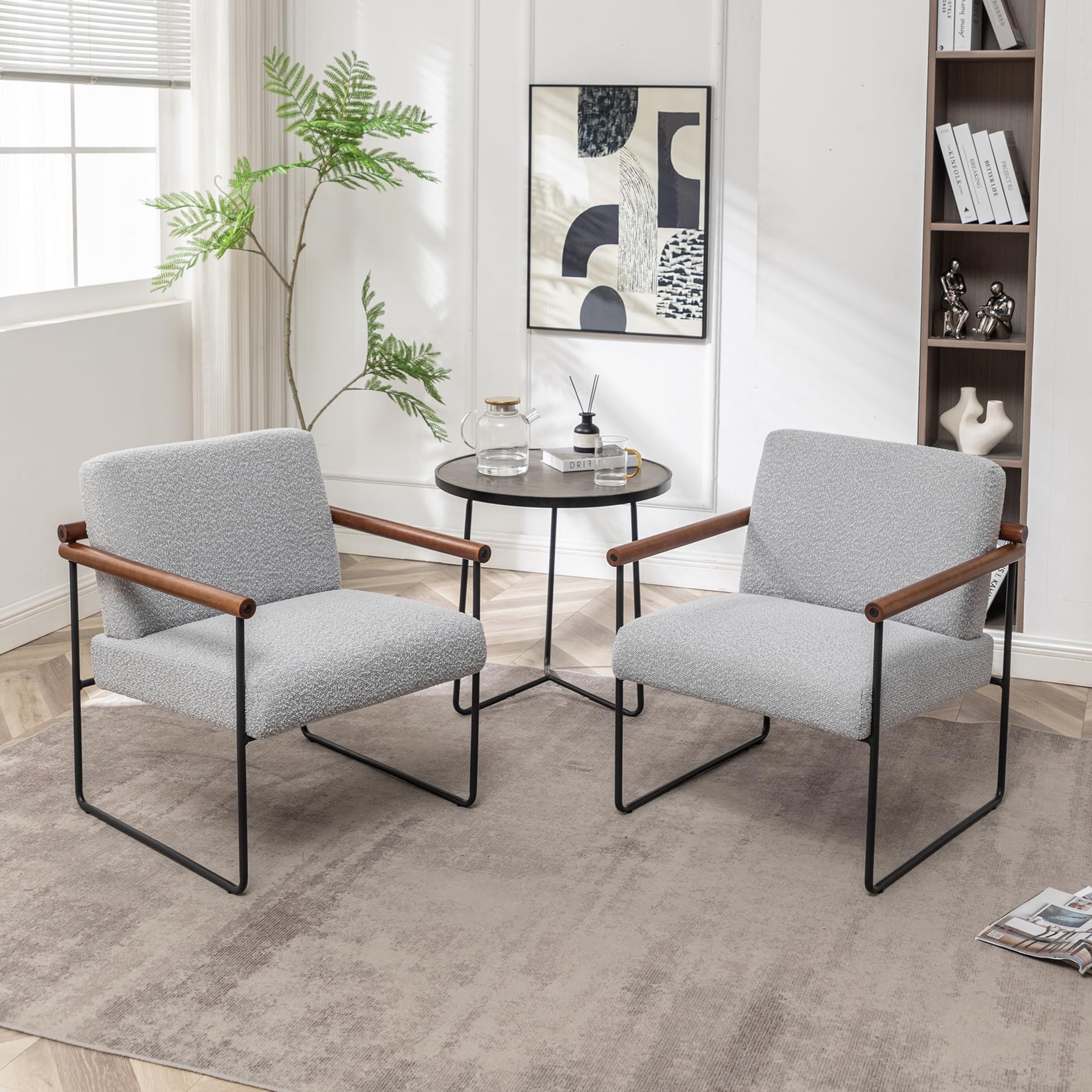Boucle Accent Chairs Set of 2 with Round Wood Arms, Comfy Upholstered ...