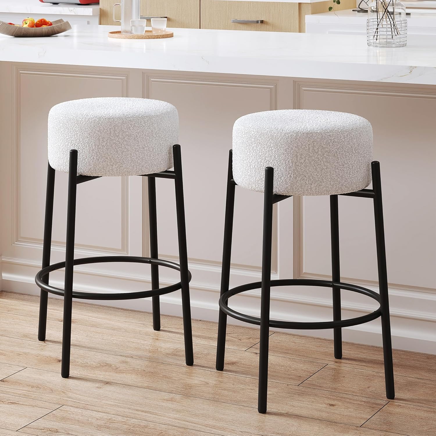 Boucle Backless Counter Stools Set of 2, Modern Bar Stools with Round ...