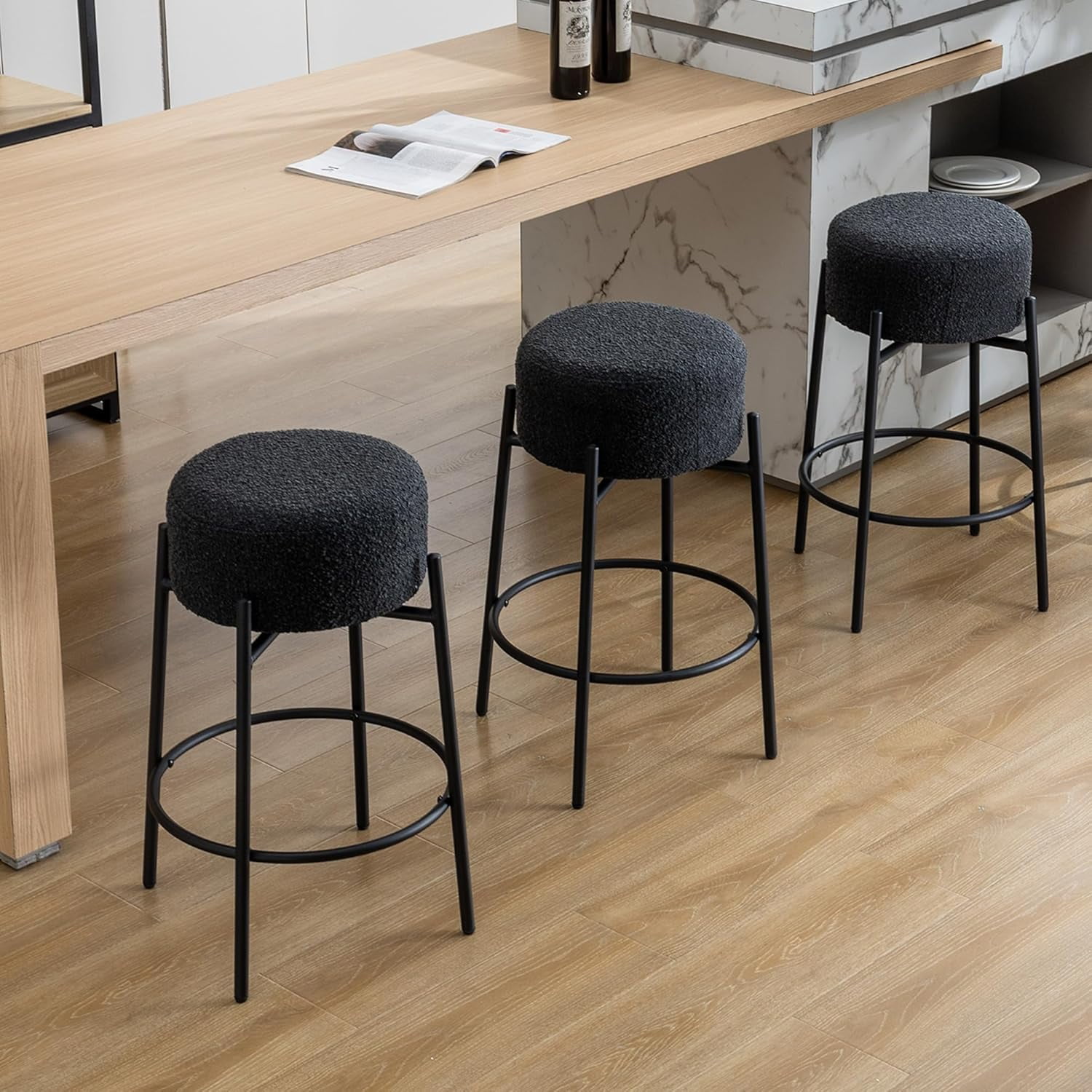 Boucle Backless Counter Stools Set of 3, Modern Bar Stools with Round ...
