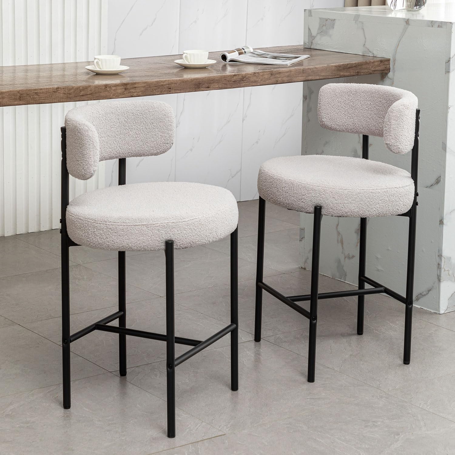 Boucle Bar Stools Set of 2, 24" Modern Counter Stools with Backs, Grey ...