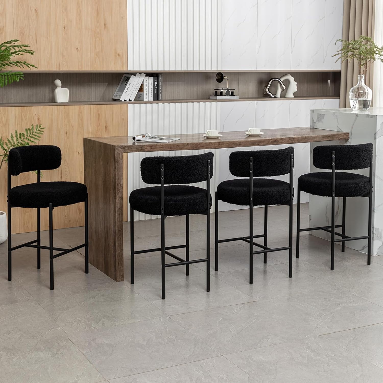 Boucle Bar Stools Set of 4, Black Counter Height Bar Stools with Backs ...