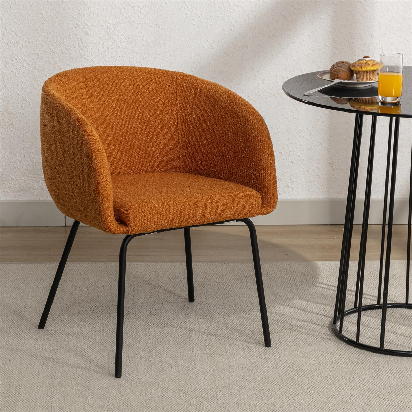 Boucle Dining Chair, Modern Accent Chair with Wing Back and Metal Legs ...