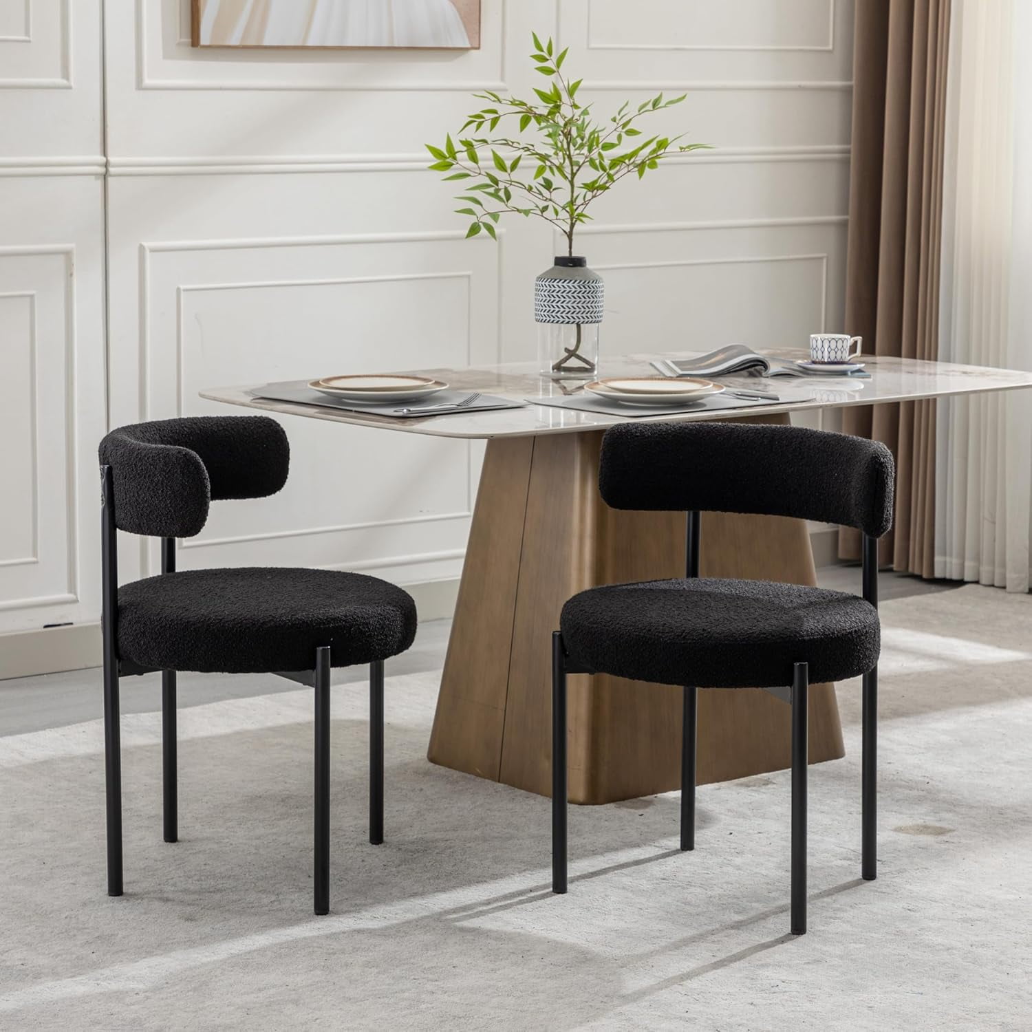 Boucle Dining Chairs Set of 2, Black Dining Chairs with Upholstered ...