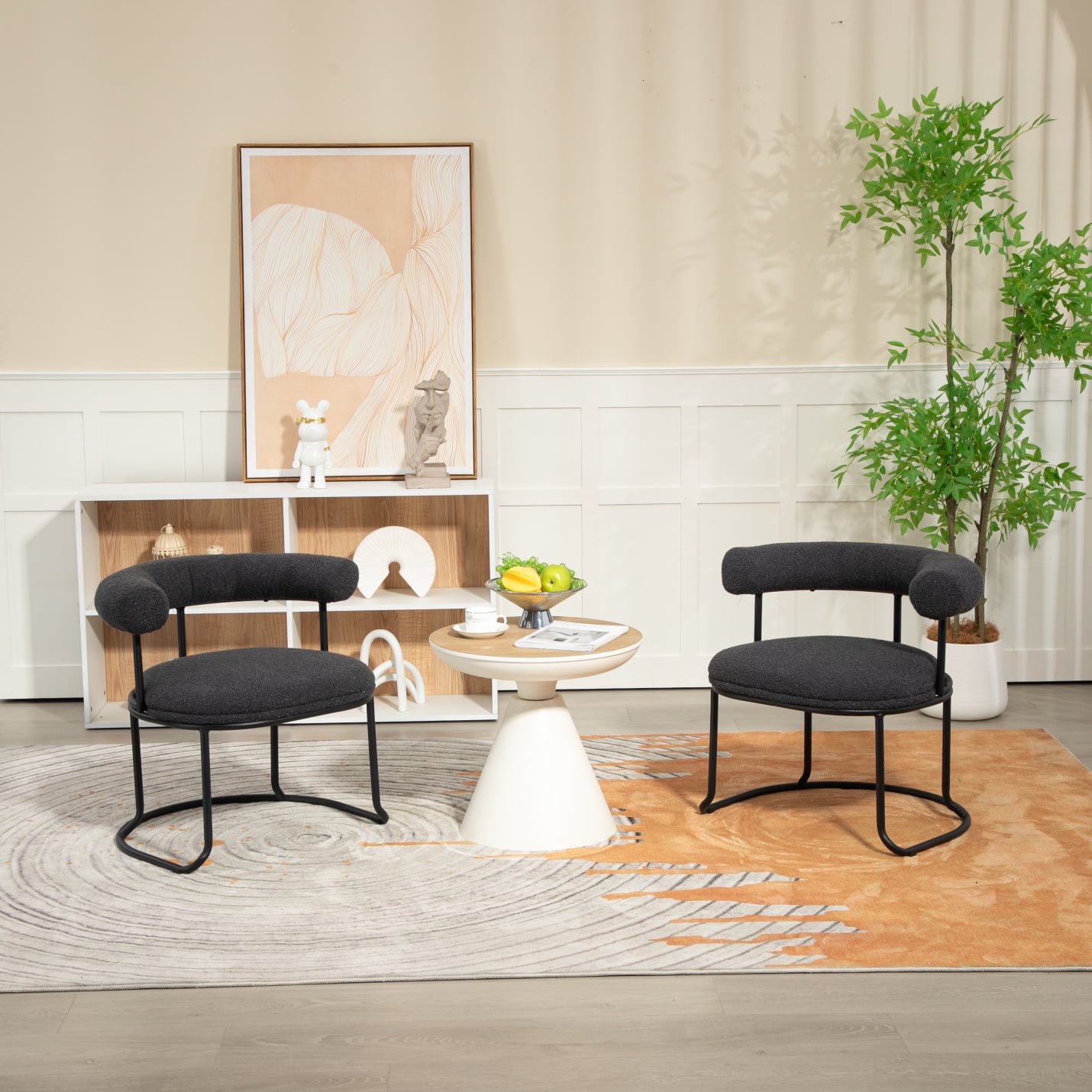 Boucle Dining Chairs Set of 2, Mid-Century Modern Curved Backrest Chair ...