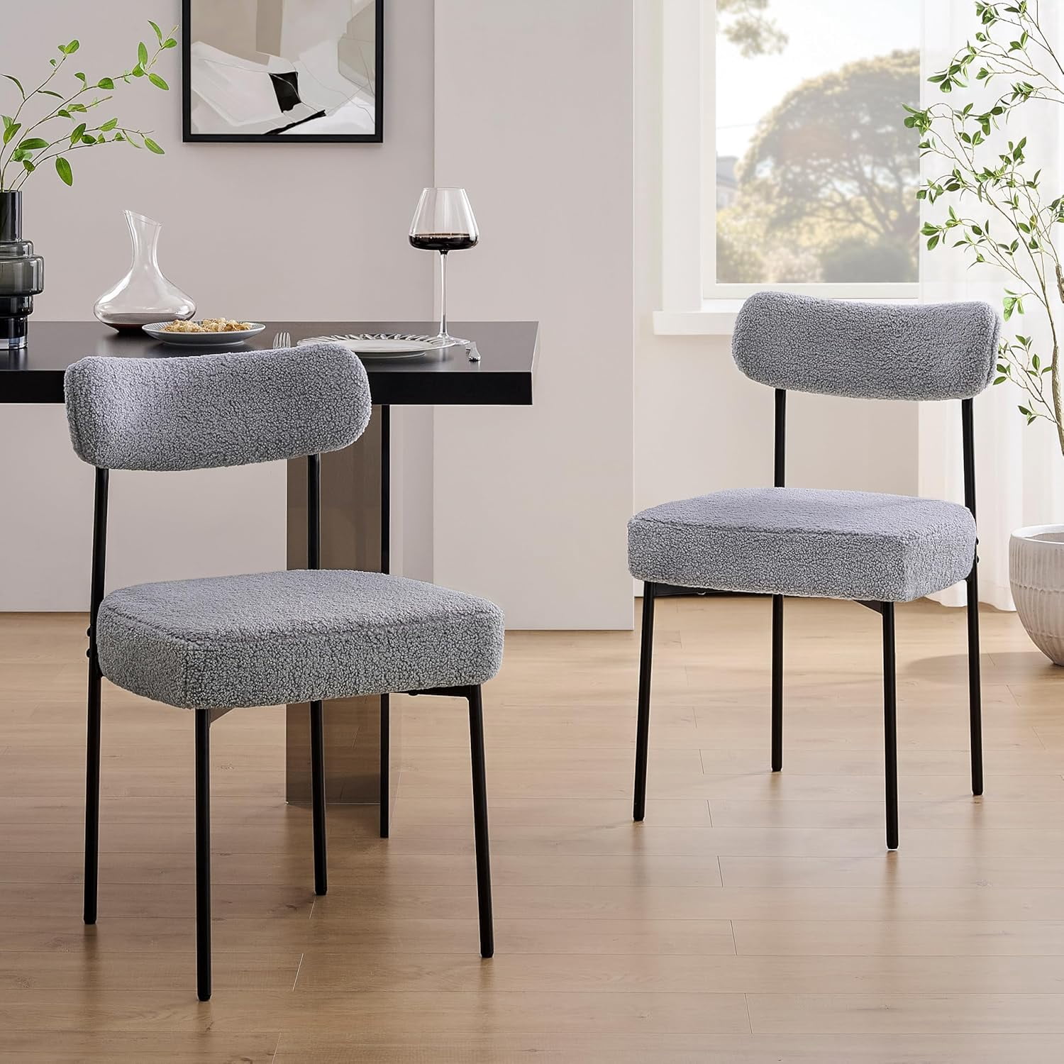 Boucle Dining Chairs Set of 2, Upholstered Dining Chairs with Curved ...