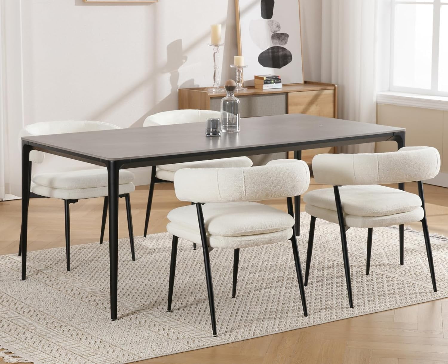 Boucle Dining Chairs Set of 2 White Upholstered Dining Room Chairs Mid ...