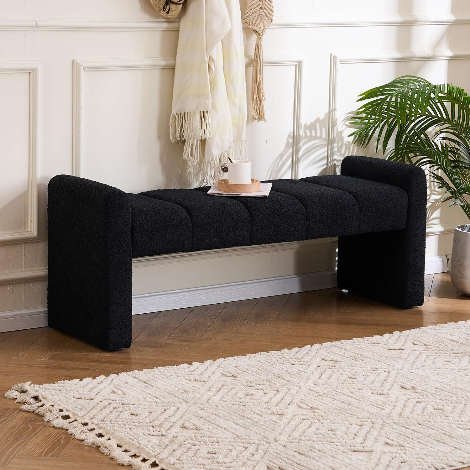 Boucle End of Bed Bench Upholstered Modern 54" Bedroom Bench Channel ...