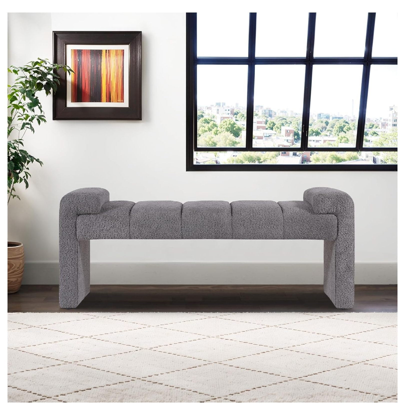 Boucle End of Bed Bench Upholstered Modern 54" Bedroom Bench Channel ...