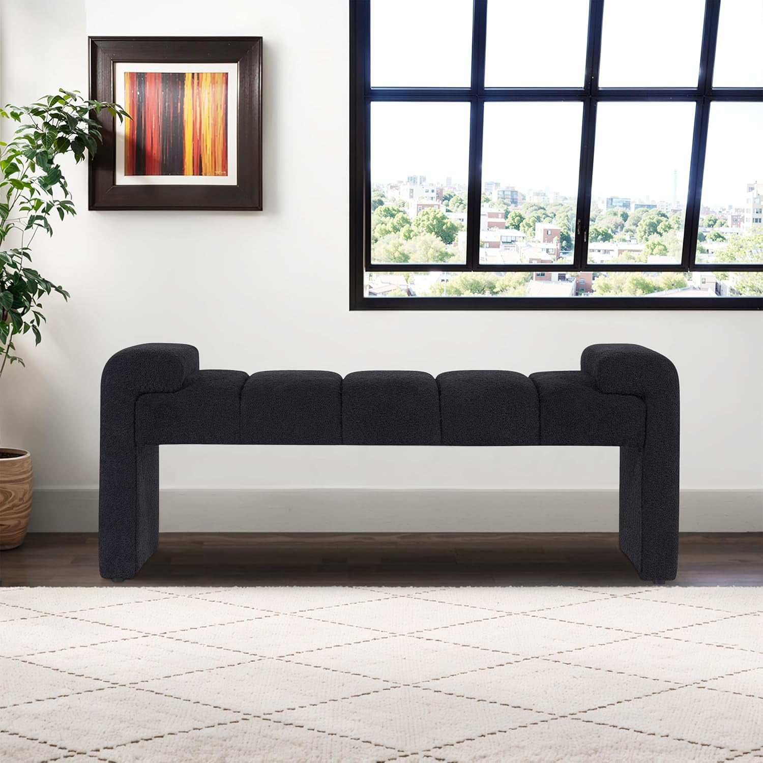 Boucle End of Bed Bench Upholstered Modern Bedroom Bench Channel Tufted ...