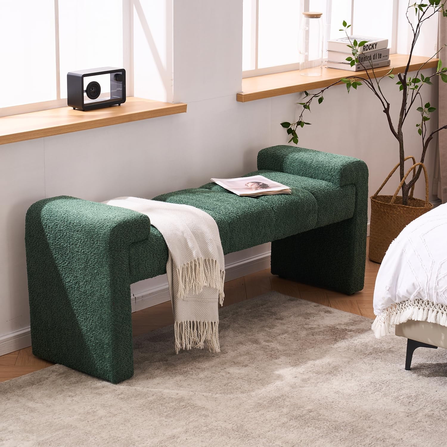 Boucle End of Bed Bench Upholstered Modern Bedroom Bench Channel Tufted ...
