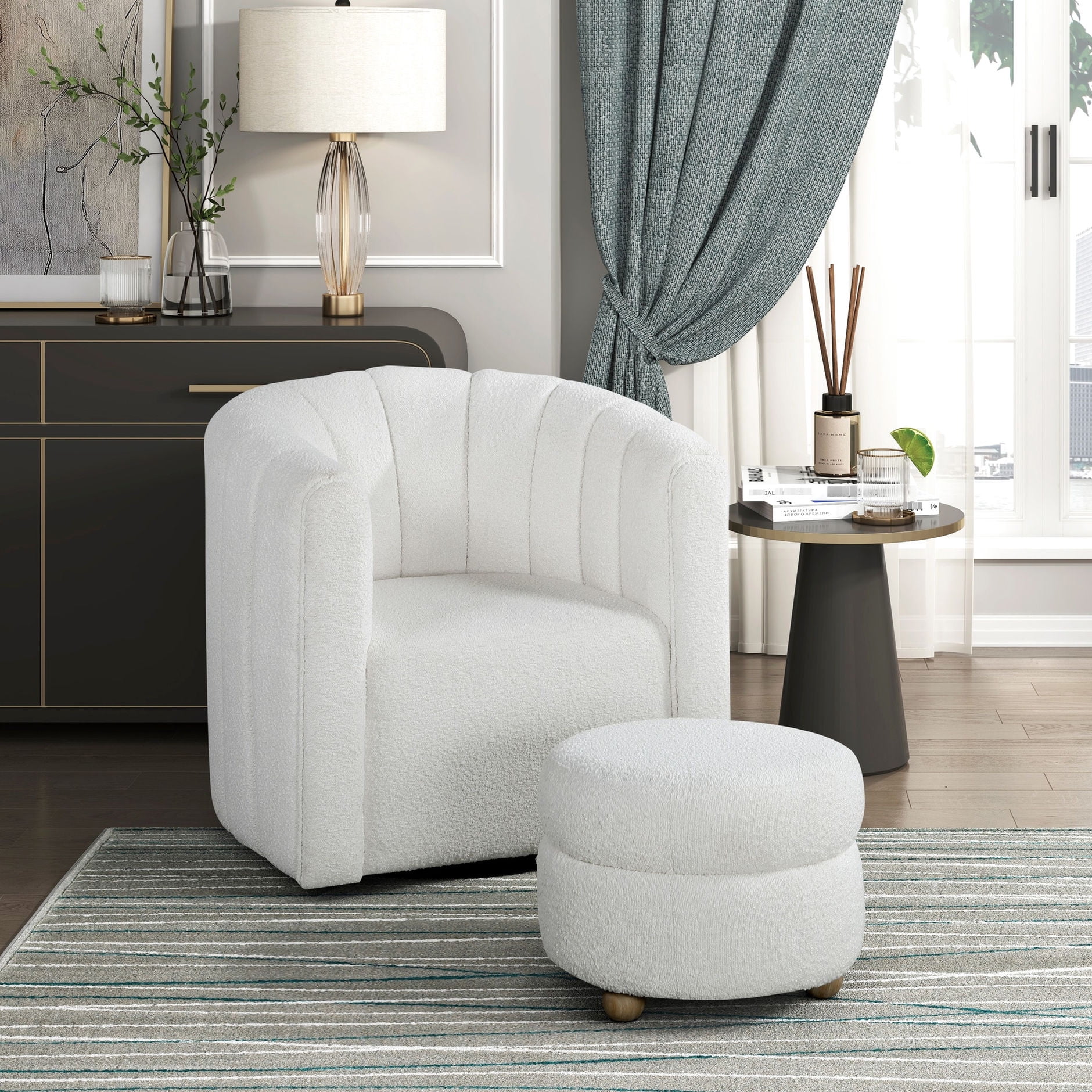 Boucle Fabric Swivel Chair and Ottoman | 360 - degree Swivel for ...