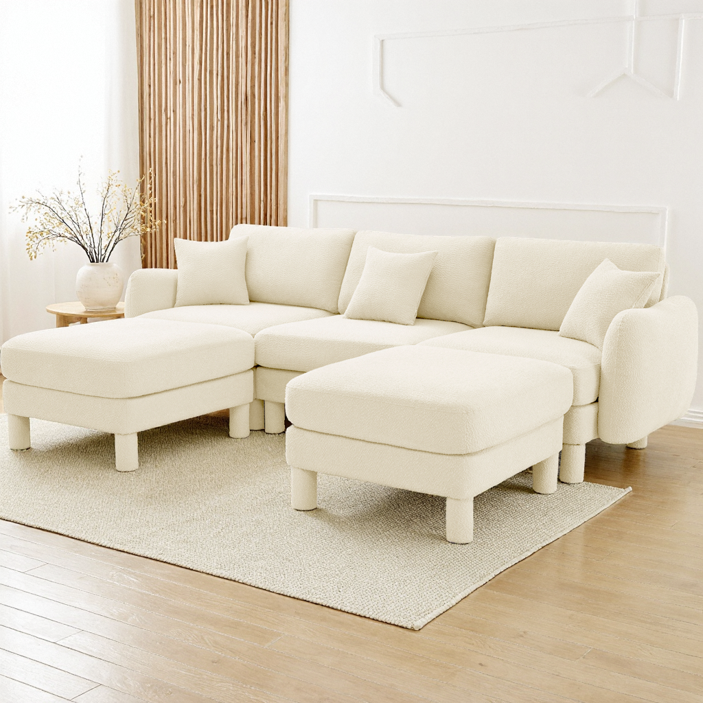 Boucle Fabric U-Shaped Sectional Sofa with Shell-Shaped Armrests & 2 ...
