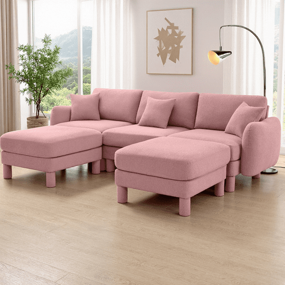 Boucle Fabric U-Shaped Sectional Sofa with Shell-Shaped Armrests & 2 ...