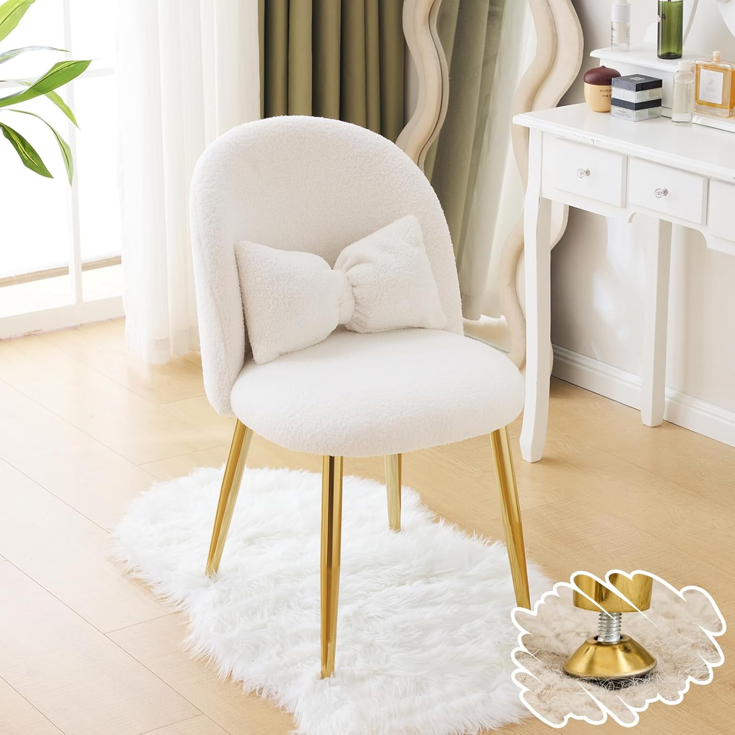 Boucle Girls Vanity Chair with Back & Pillow,Cute Small Cozy Desk Chair ...