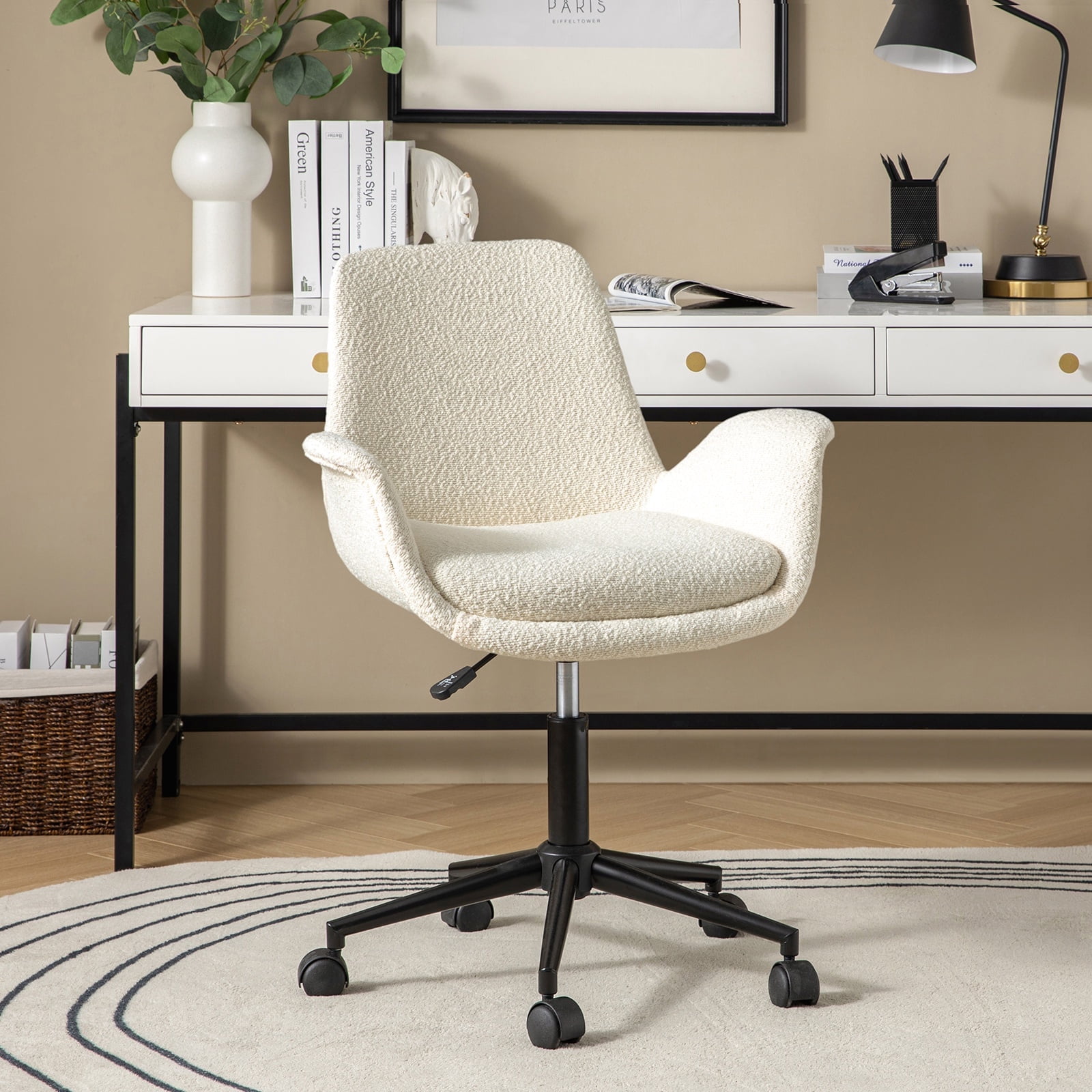 Boucle Home Office Chair Swivel Rolling Desk Armrest Vanity Chair ...