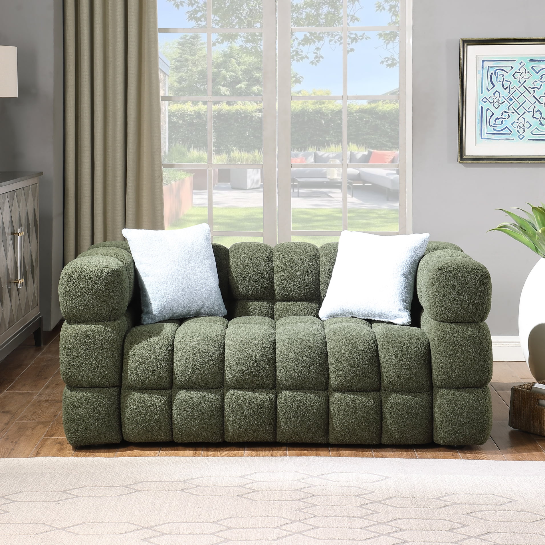 Boucle Loveseat Sofa, Modern Upholstered 2-Seater Sofa with 2 Square ...