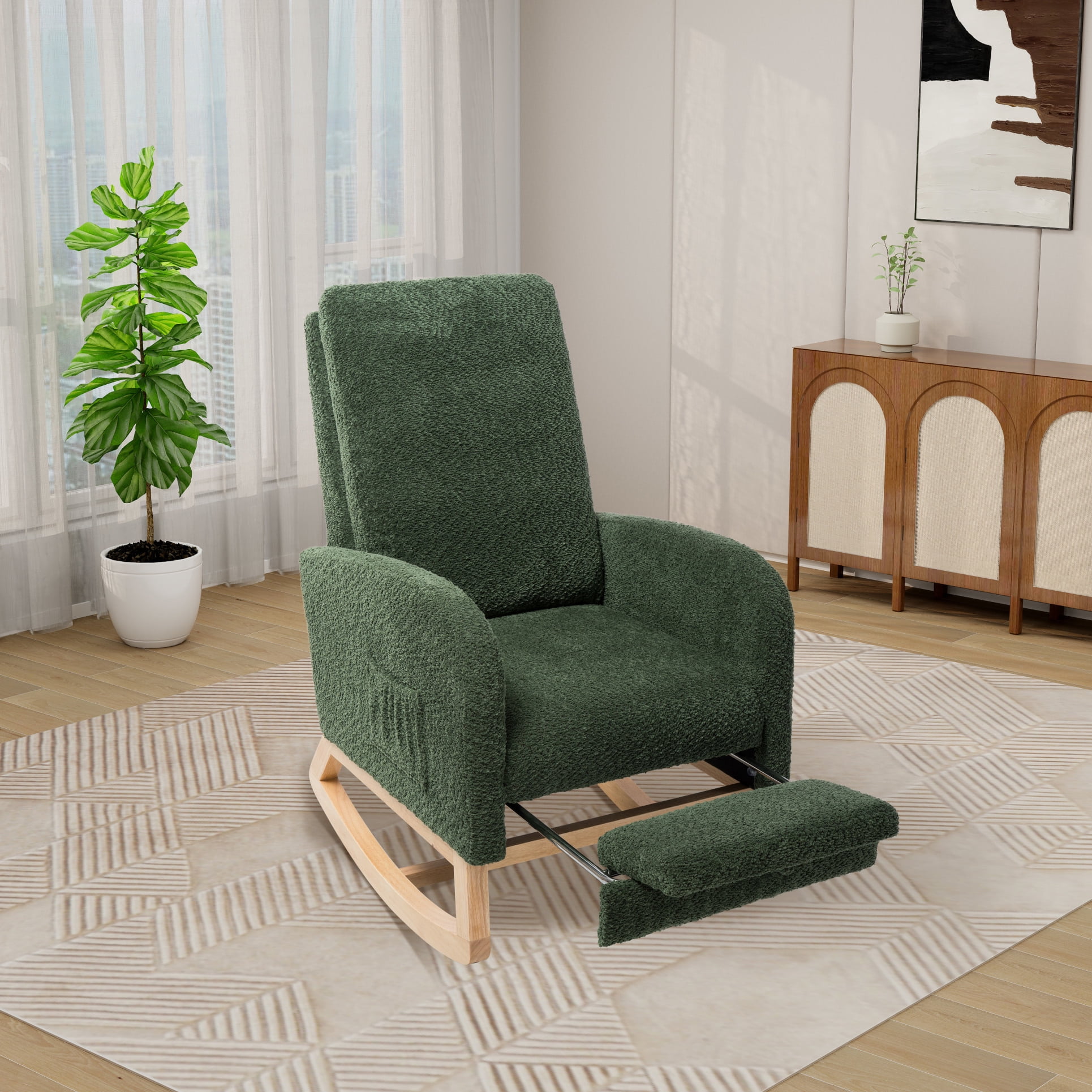 Boucle Nursery Upholstered Rocking Chair with Retractable Footrest and ...