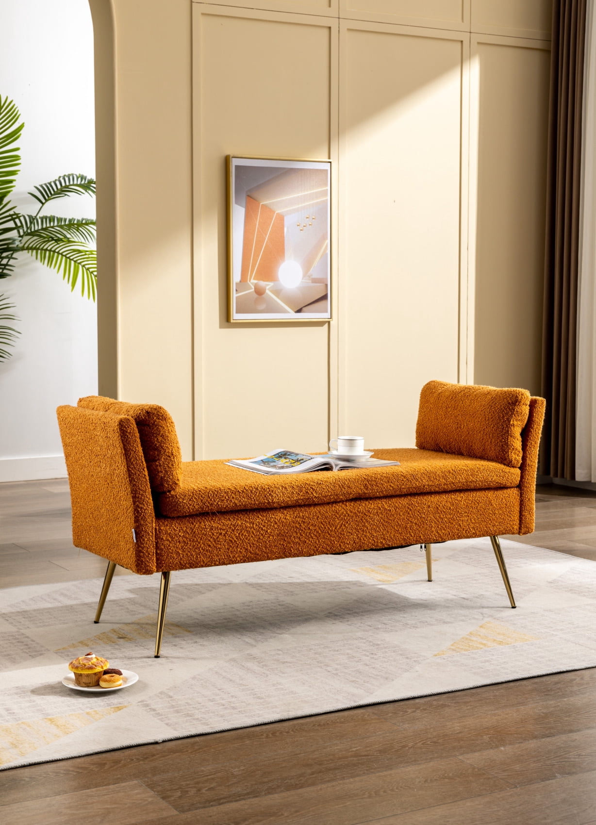 Boucle Ottoman Bench, Modern Upholstered End of Bed Bench with Rolled ...