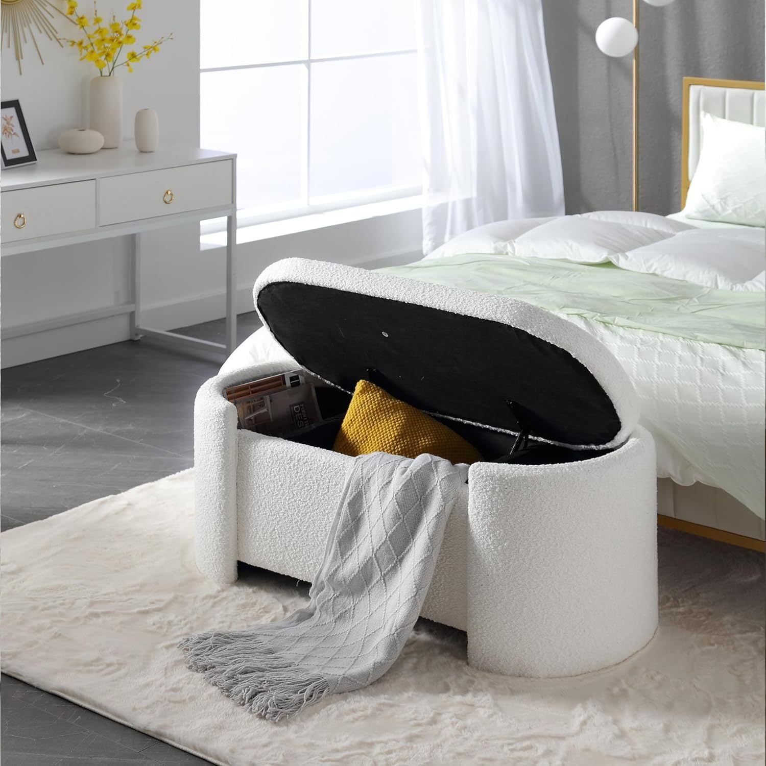 Boucle Ottoman Bench with Storage- Modern Upholstered Storage Benches ...