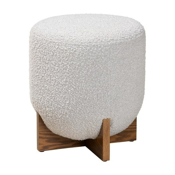 Boucle Ottoman Footstool - Japandi Style, Light Grey, Walnut Wood Legs ...