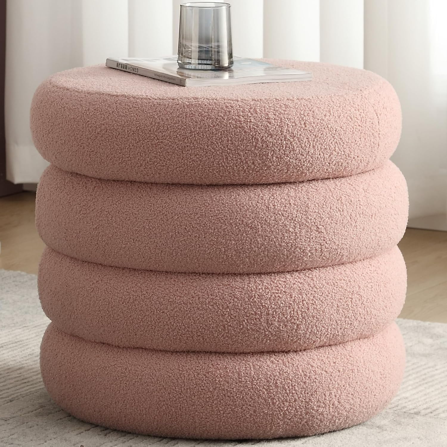 Boucle Ottoman with Storage Pink, Small Round Footrest Stool with ...