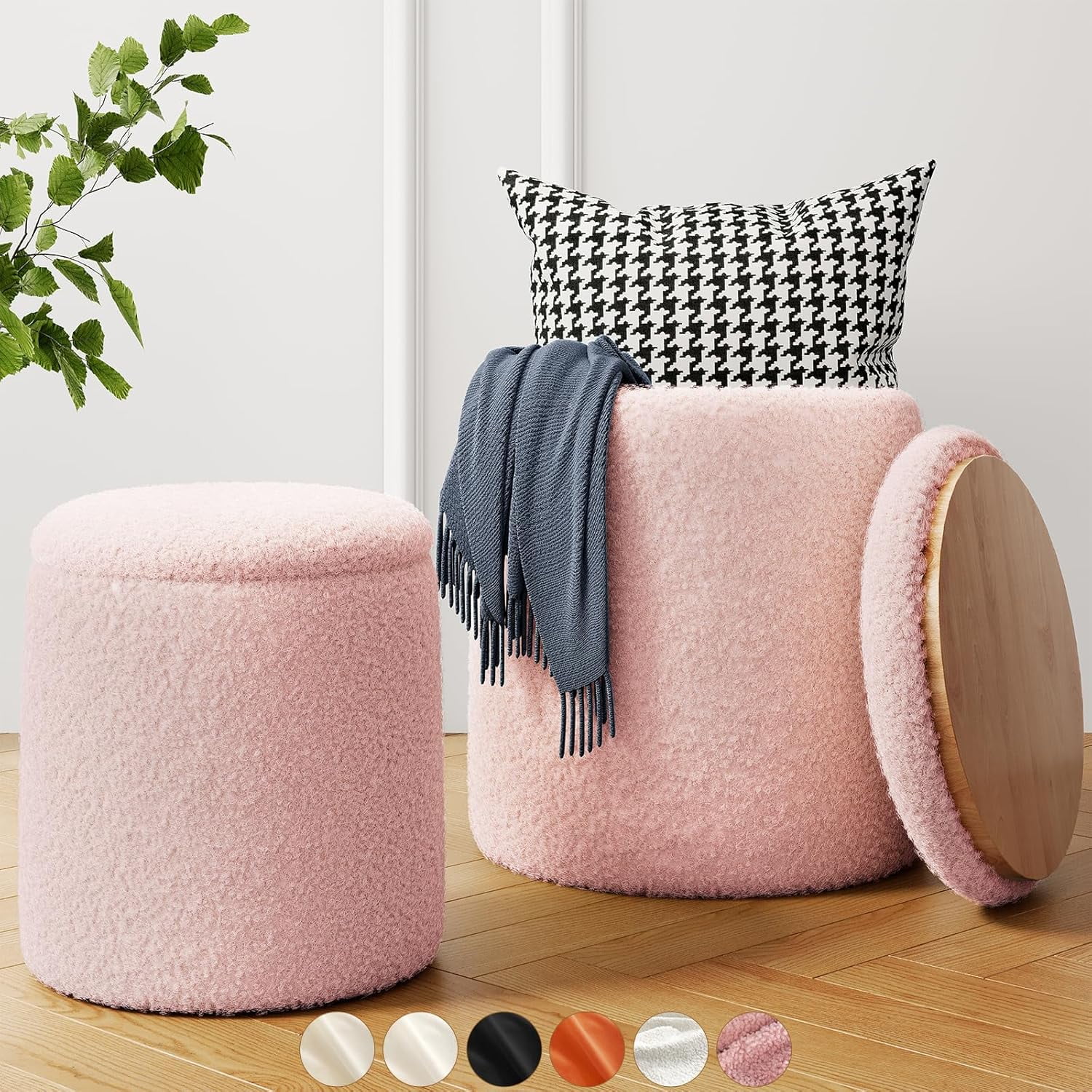 Boucle Pink Storage Set of 2, Round Sherpa with Storage, Small Vanity ...