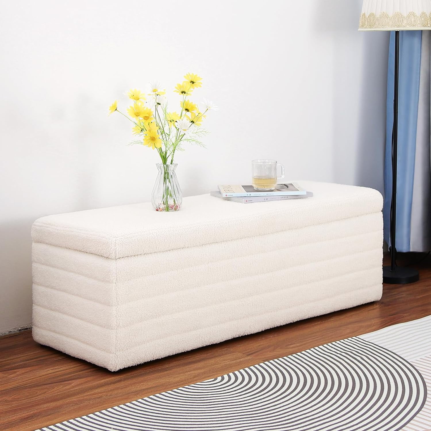 Boucle Rectangle Ottoman Storage Bench White Storage Bench for Bedroom ...
