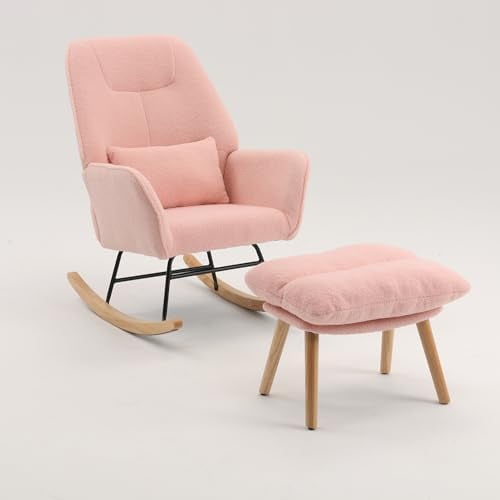 Boucle Rocking Chair with Ottoman and Pillow, Sherpa Furry Accent Arm ...