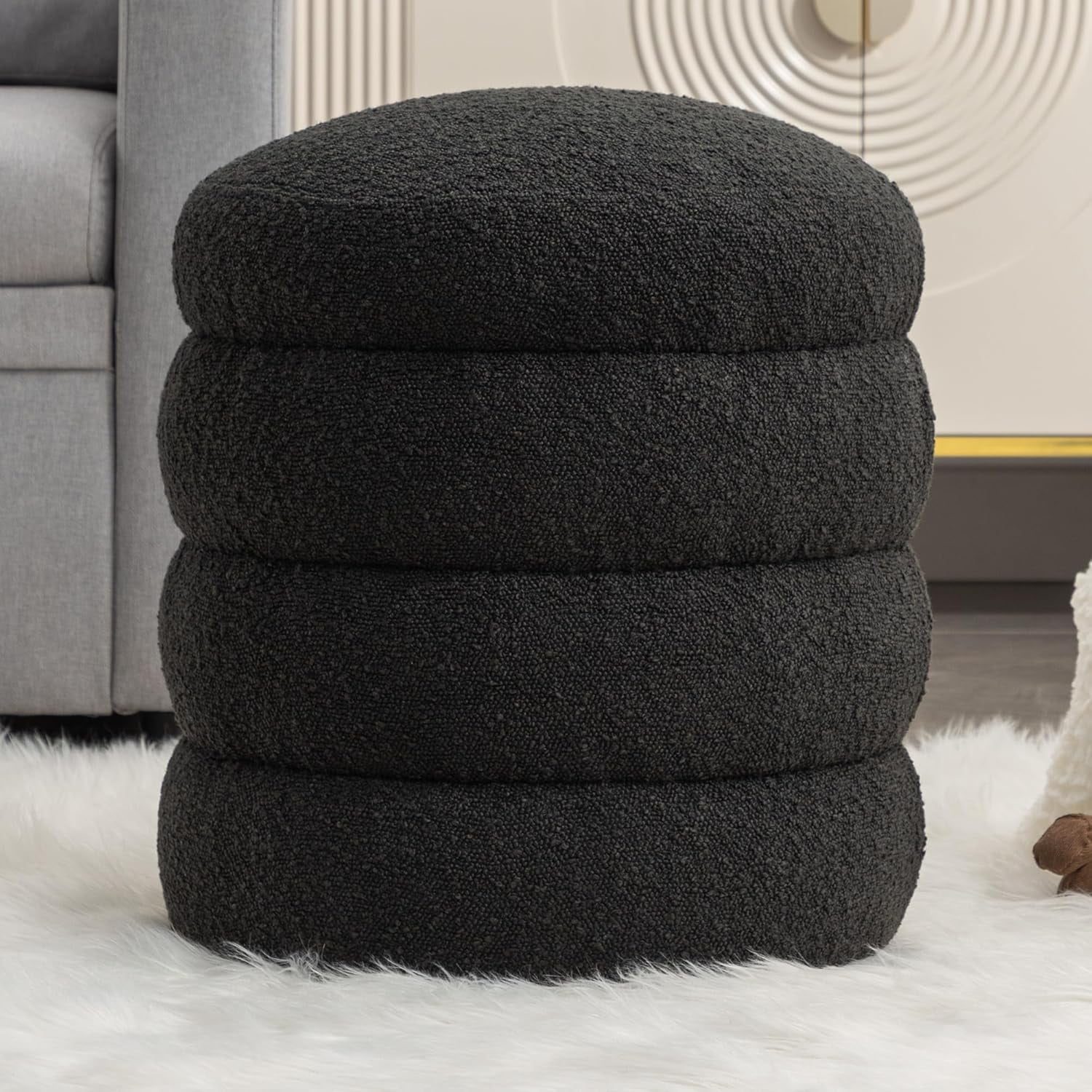 Boucle Round Ottoman with Padded Seat, Multifunctional Vanity Chair for ...