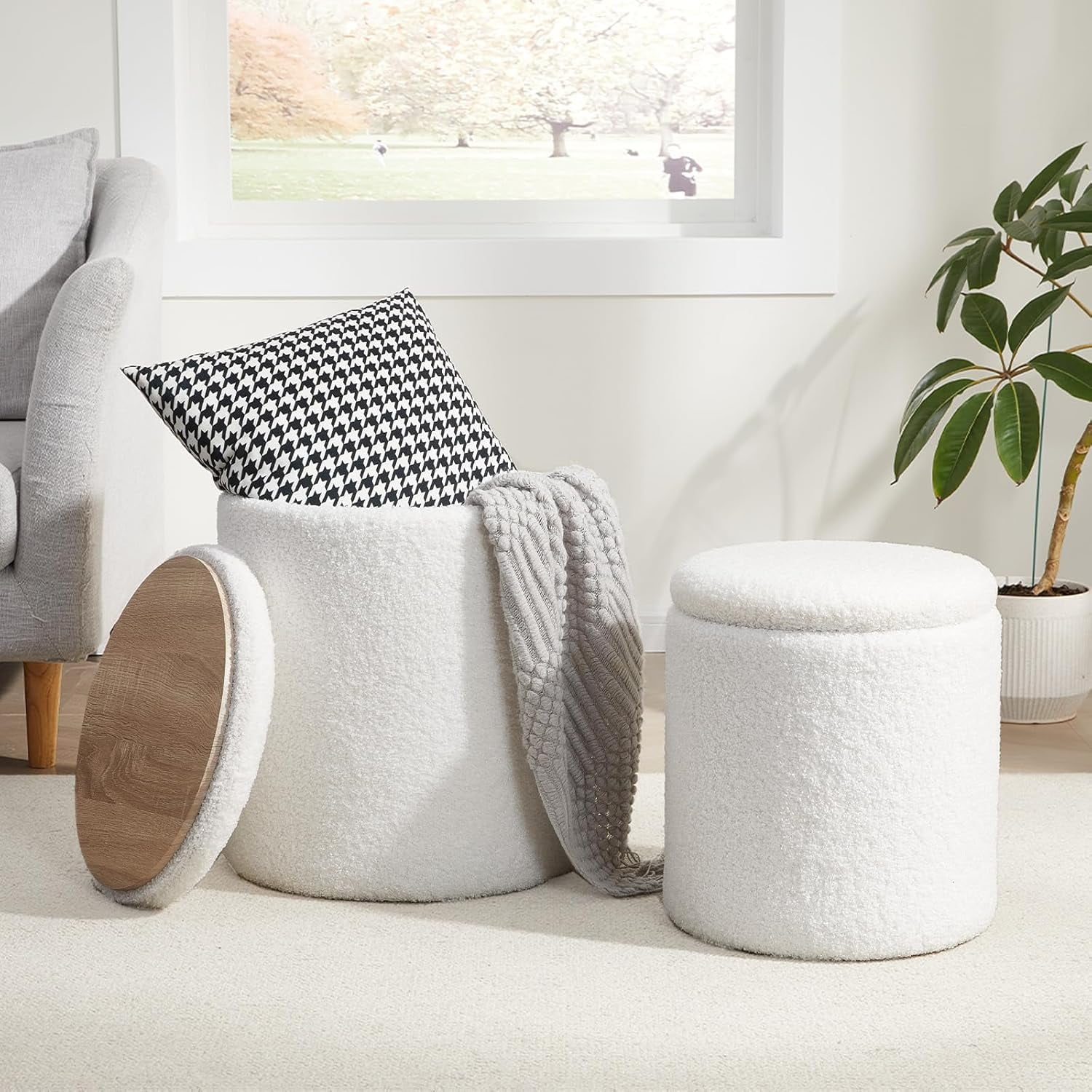 Boucle Round Ottoman with Storage Set of 2,Small Foot Stool Ottoman for ...