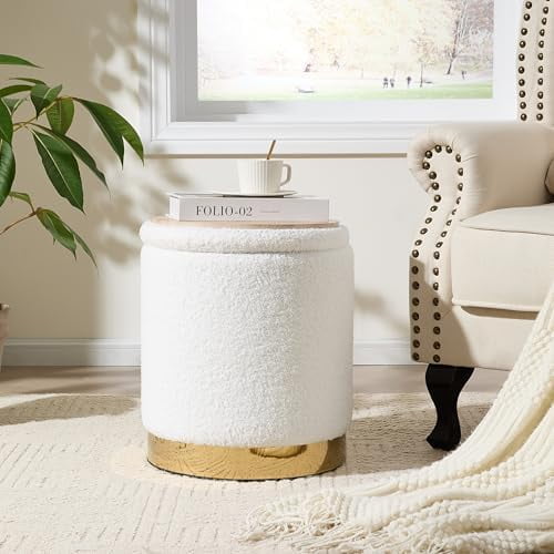 Boucle Round Ottoman with Storage Set of 2, Vanity Stool with Storage ...