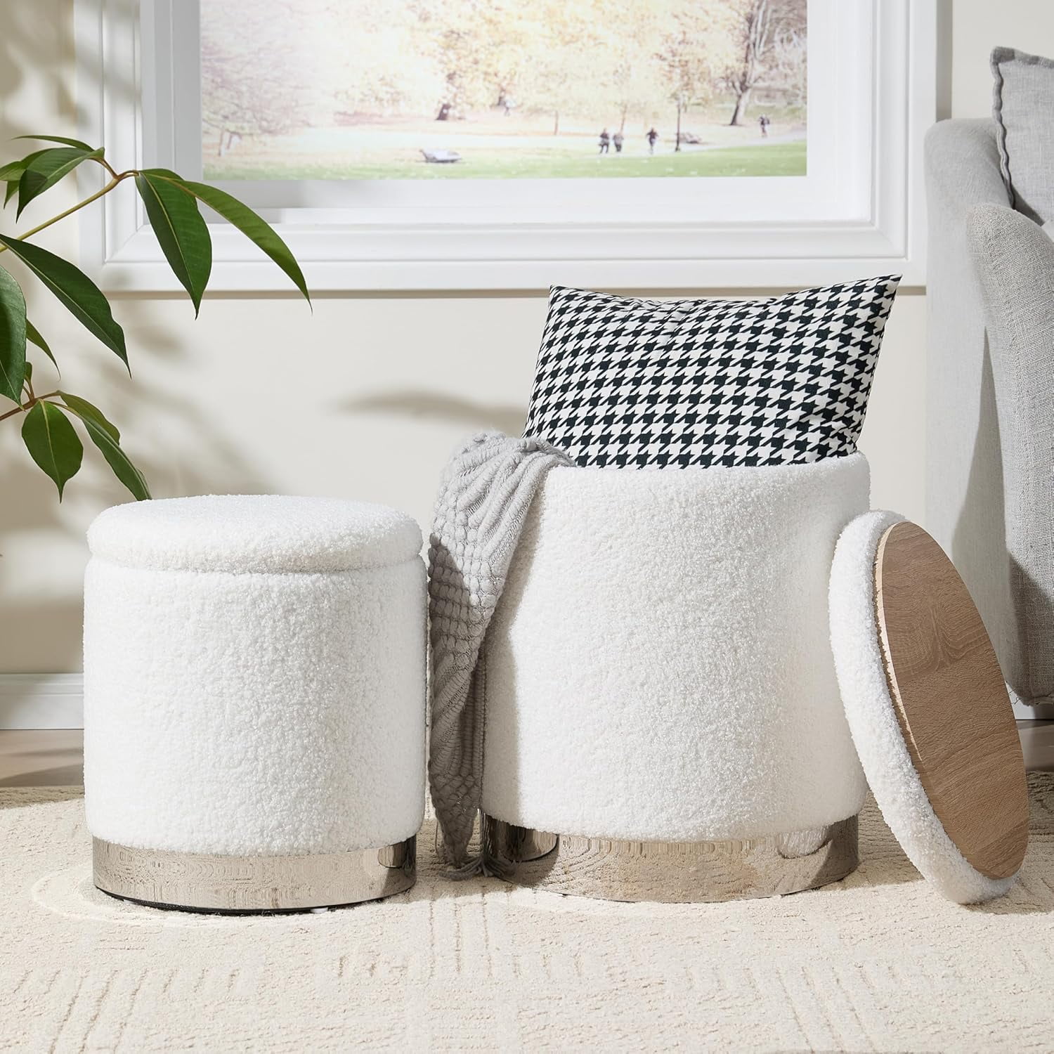 Boucle Round Ottoman with Storage Set of 2, Vanity Stool with Storage ...