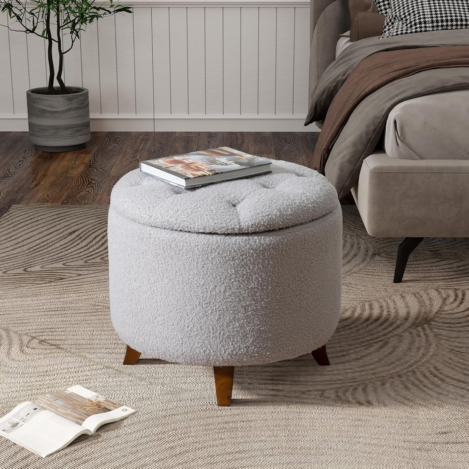 Boucle Round Ottoman with Storage,Vanity Stool with Storage for Bedroom ...