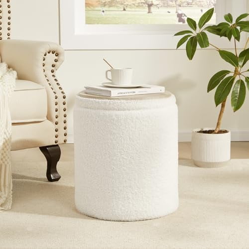 Boucle Round Ottoman with Storage Set of 2,Small Foot Stool Ottoman for ...