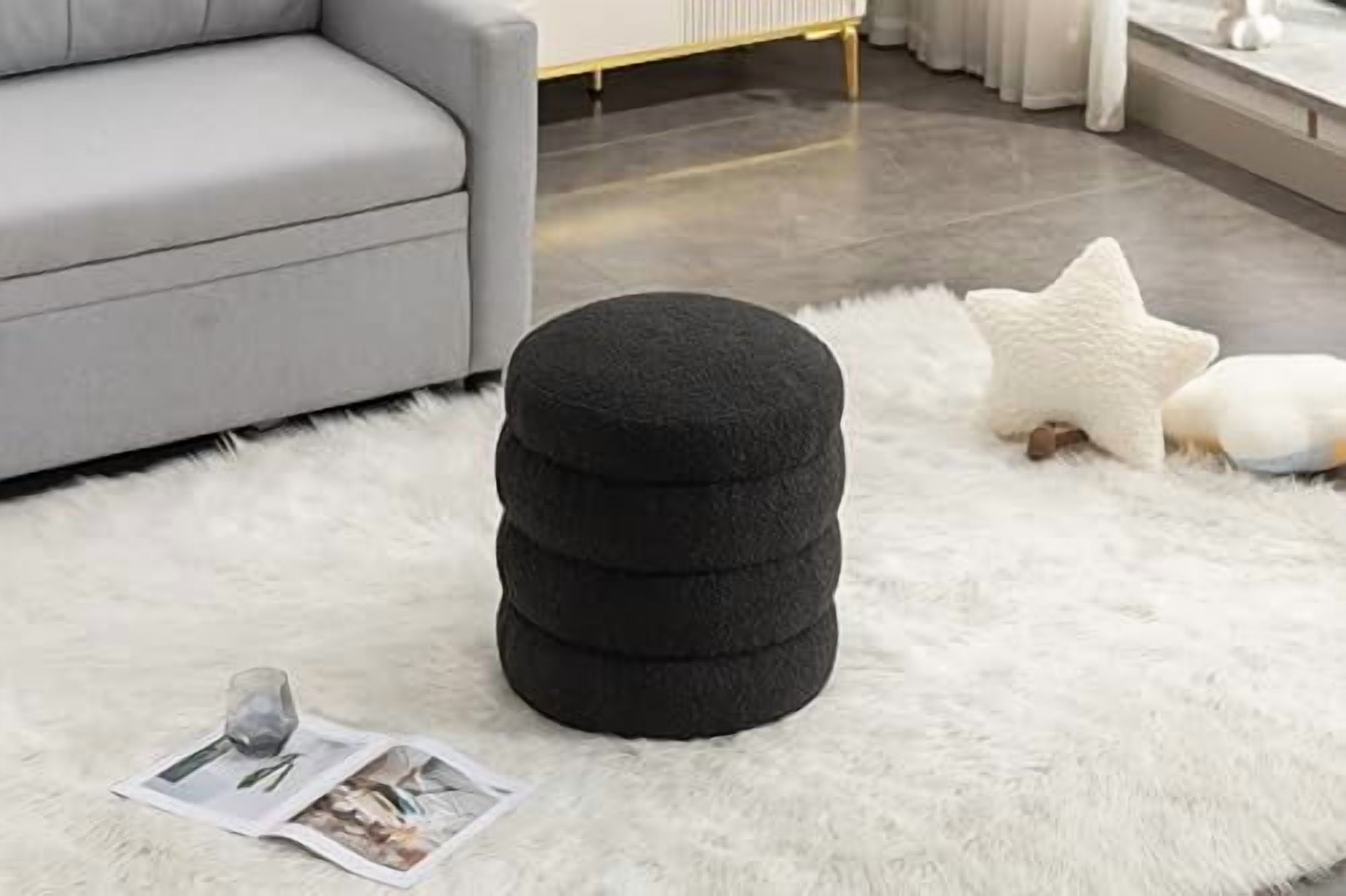 Boucle Round Storage Ottoman, Foot Rest for , Velvet Round Ottoman ...