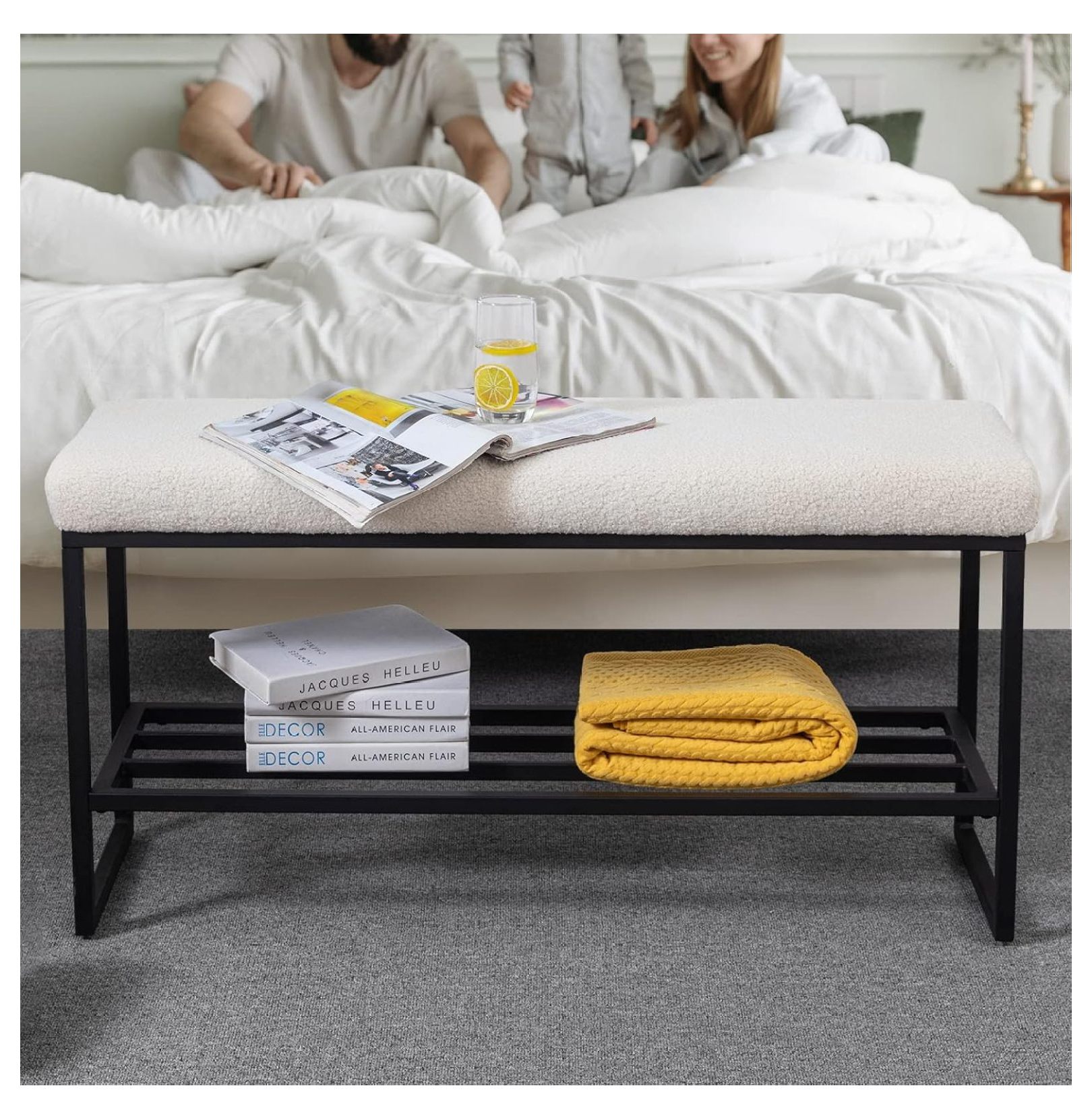 Boucle Shoe Bench Entryway with Storage, Upholstered Bench for Bedroom ...