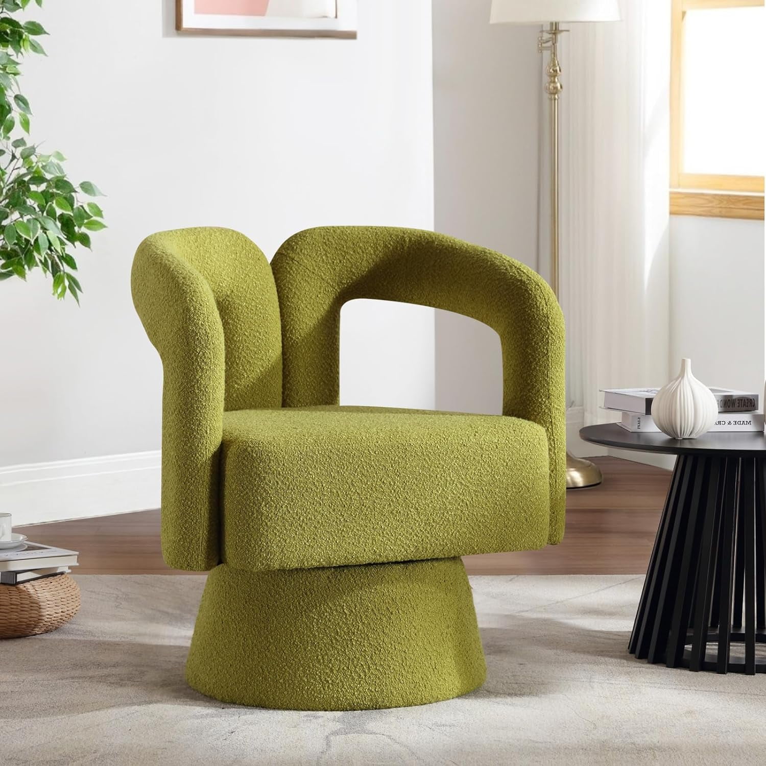 Boucle Swivel Accent Chair, Upholstered Barrel Accent Chair with Round ...