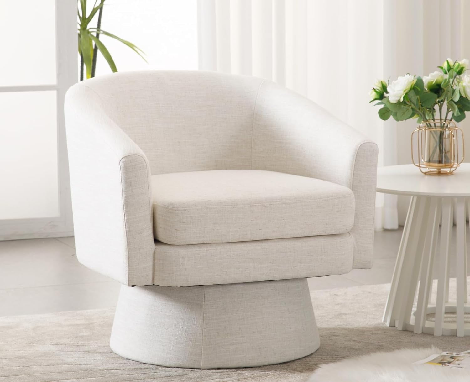 Boucle Swivel Accent Chair White Barrel Arm Chair Round Cozy ...