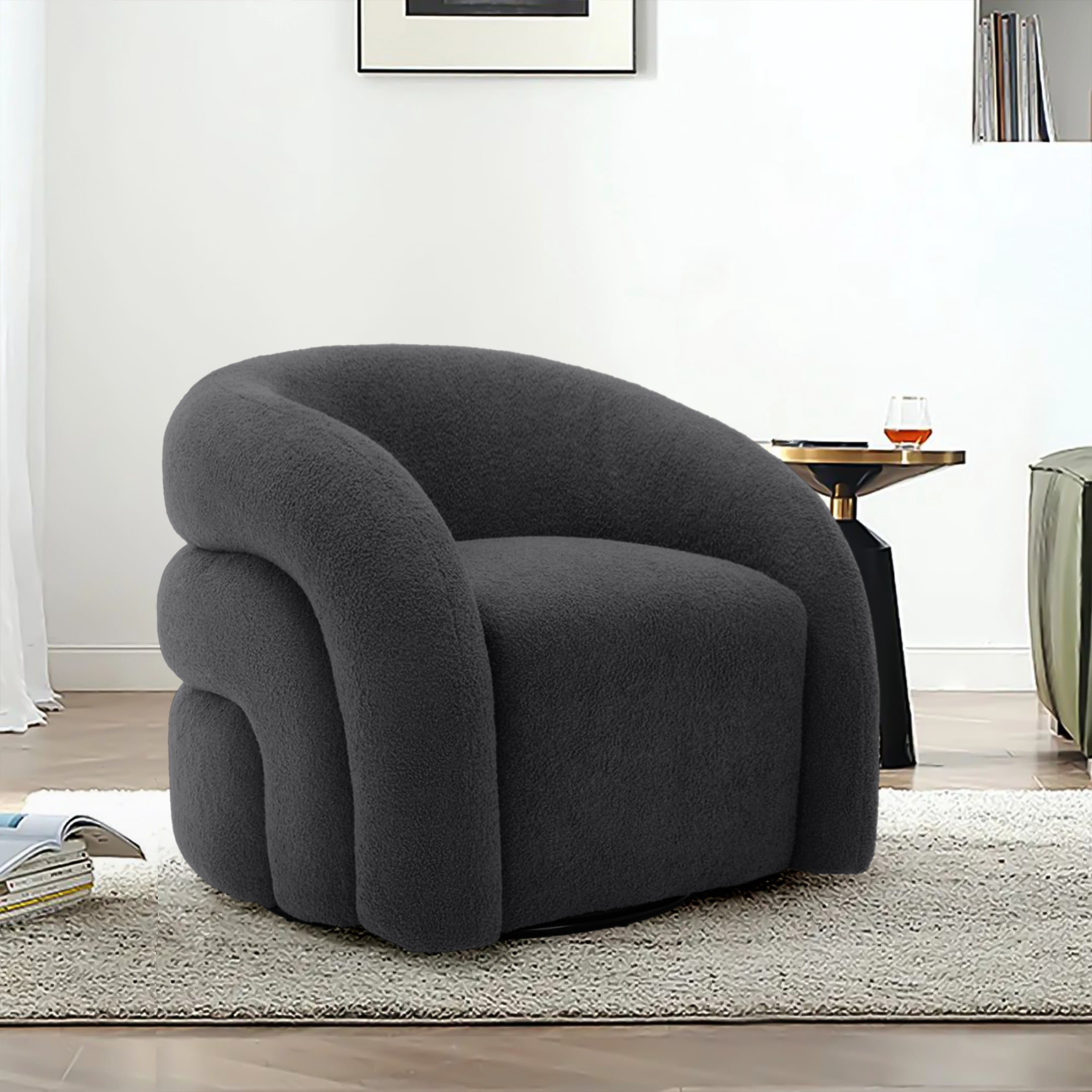 Boucle Swivel Barrel Chair, No Assembly Round Upholstered Armchair ...