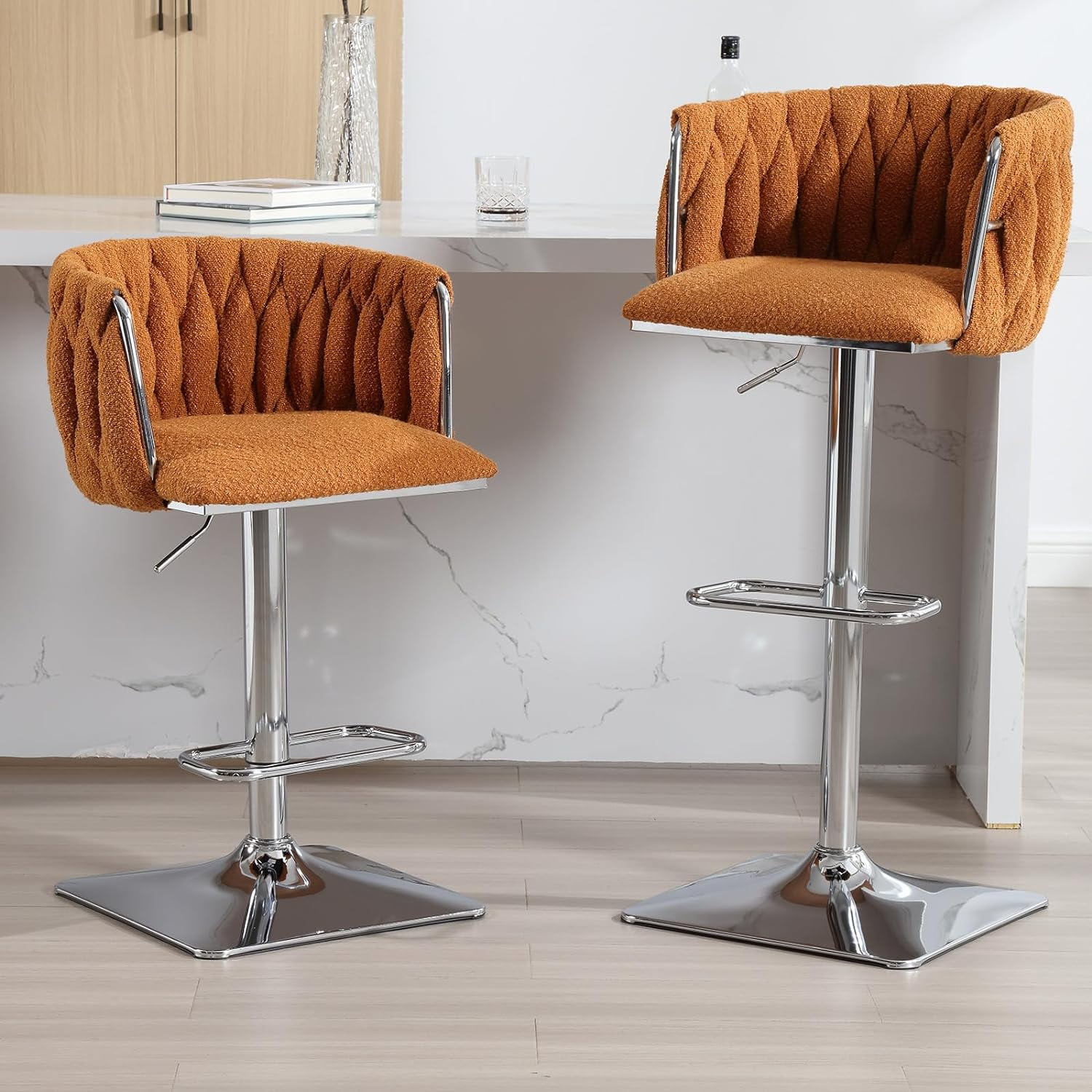 Boucle Upholstered Bar Stools Set of 2, Swivel Counter Stool with Woven ...