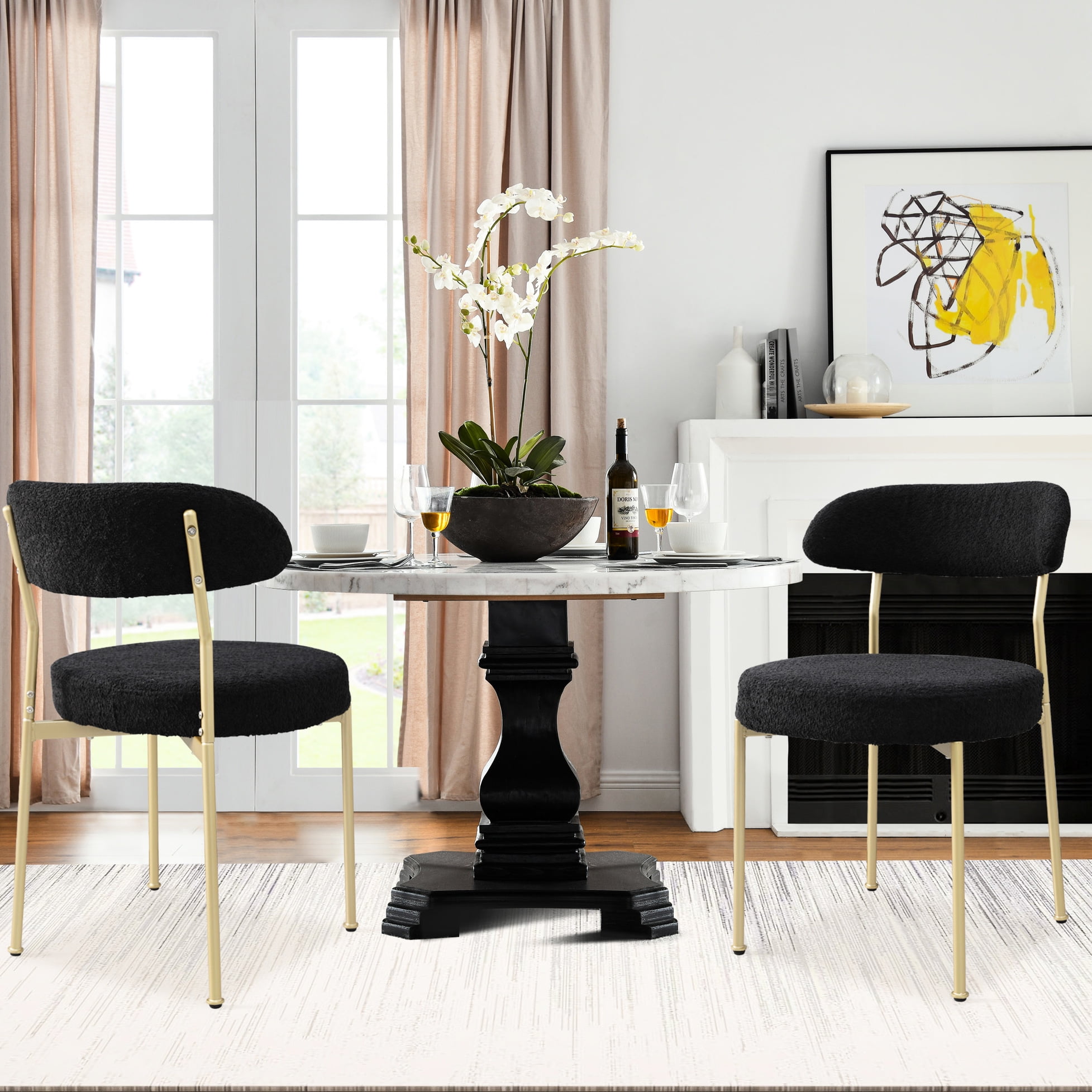 Boucle Upholstered Dining Chairs Of 2, Black With Gold Metal Legs ...