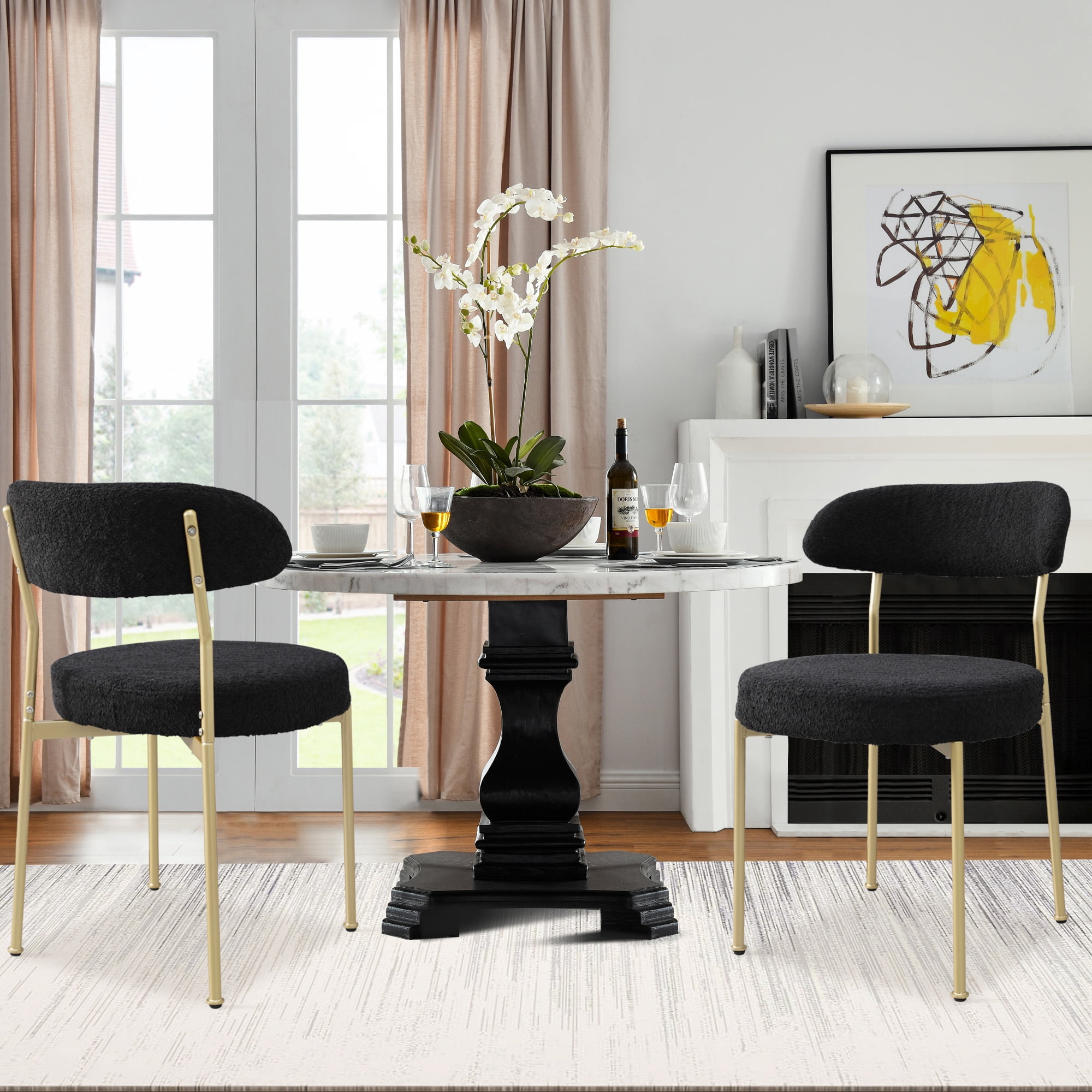 Boucle Upholstered Dining Chairs with Curved Backrest & Gold Metal Legs ...