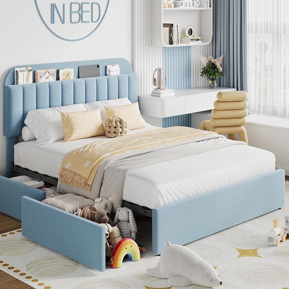 Boucle Upholstered Twin Platform Bed Frame with Storage Headboard, 2 ...