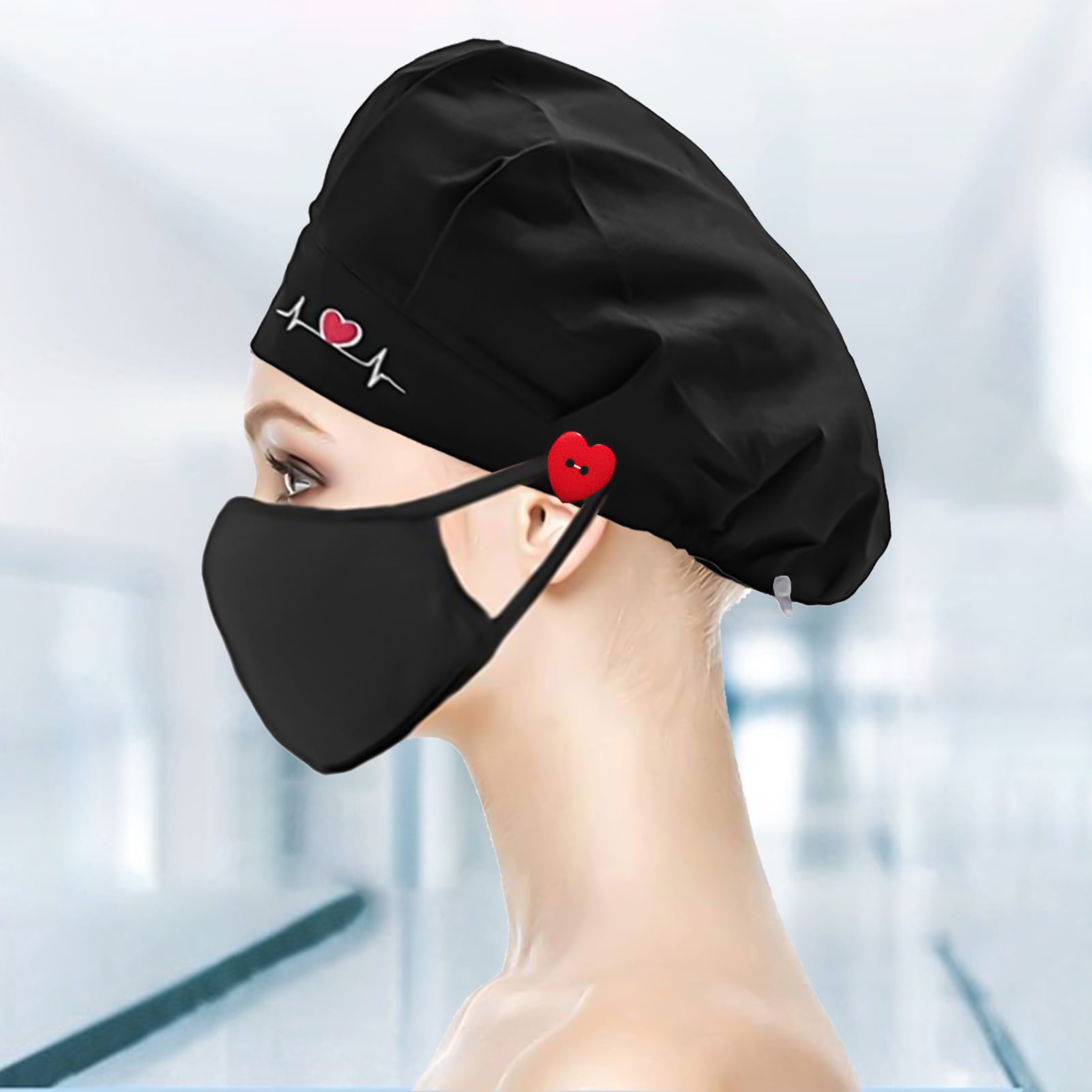 Bouffant Cap ECG Embroidery Adjustable Unisex Buttons Dots Beauty ...