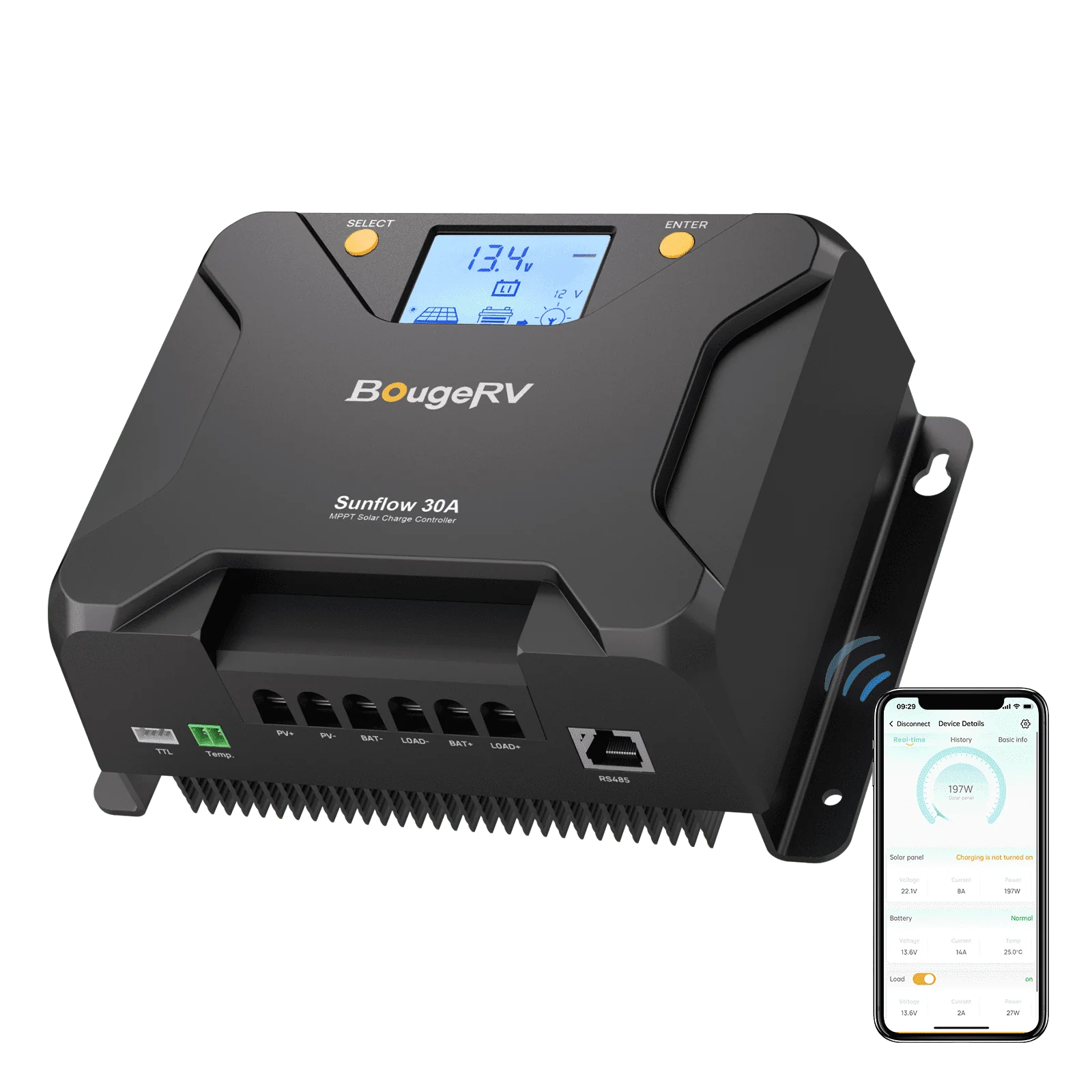 BougeRV Sunflow 30A MPPT Solar Charge Controller 12V/24V DC Input with ...