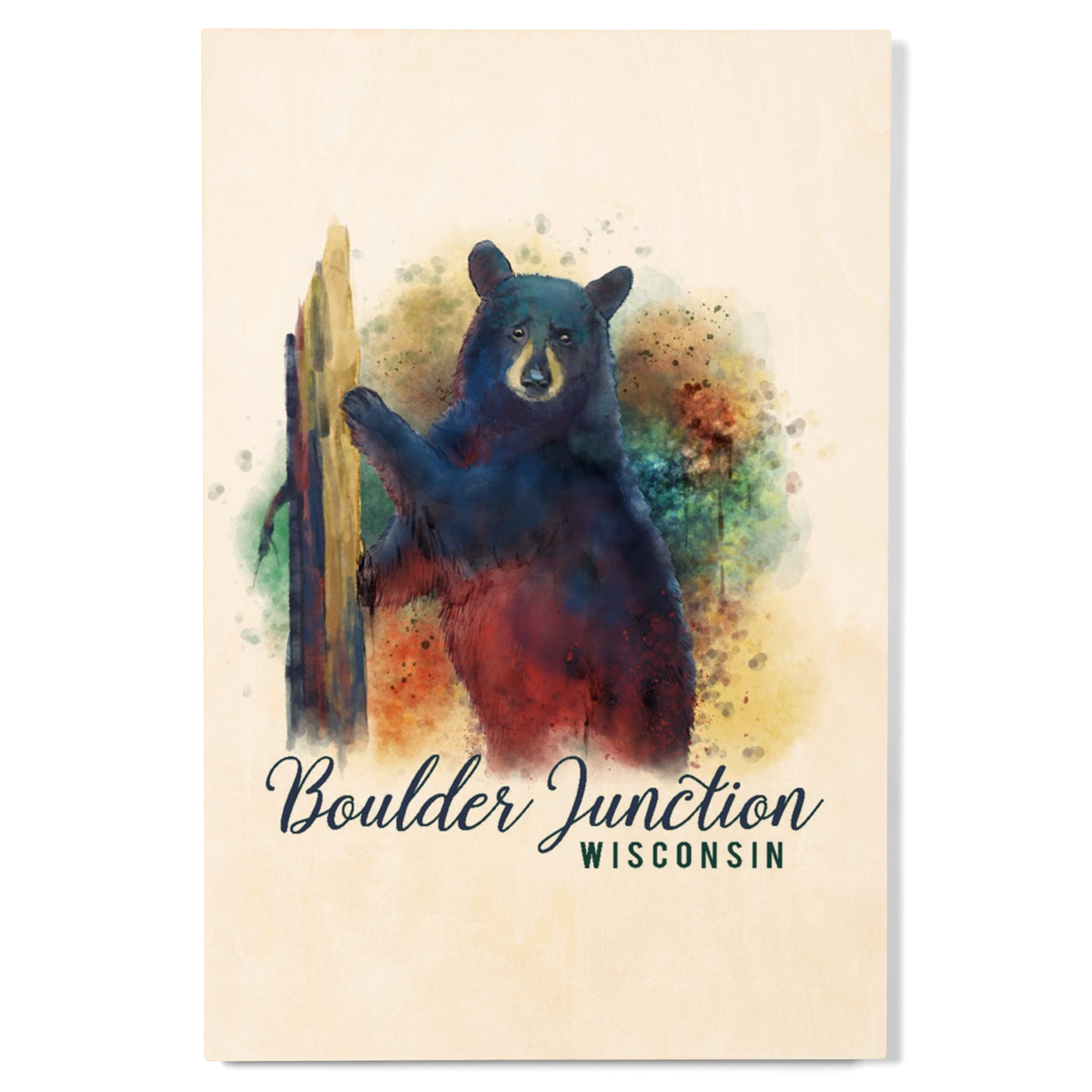 Boulder Junction, Wisconsin, Black Bear, Watercolor Birch Wood Wall ...
