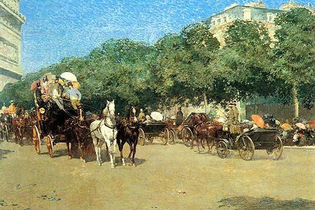 Boulevard in Paris near the Arc de Triumphe with four in hand carriages ...