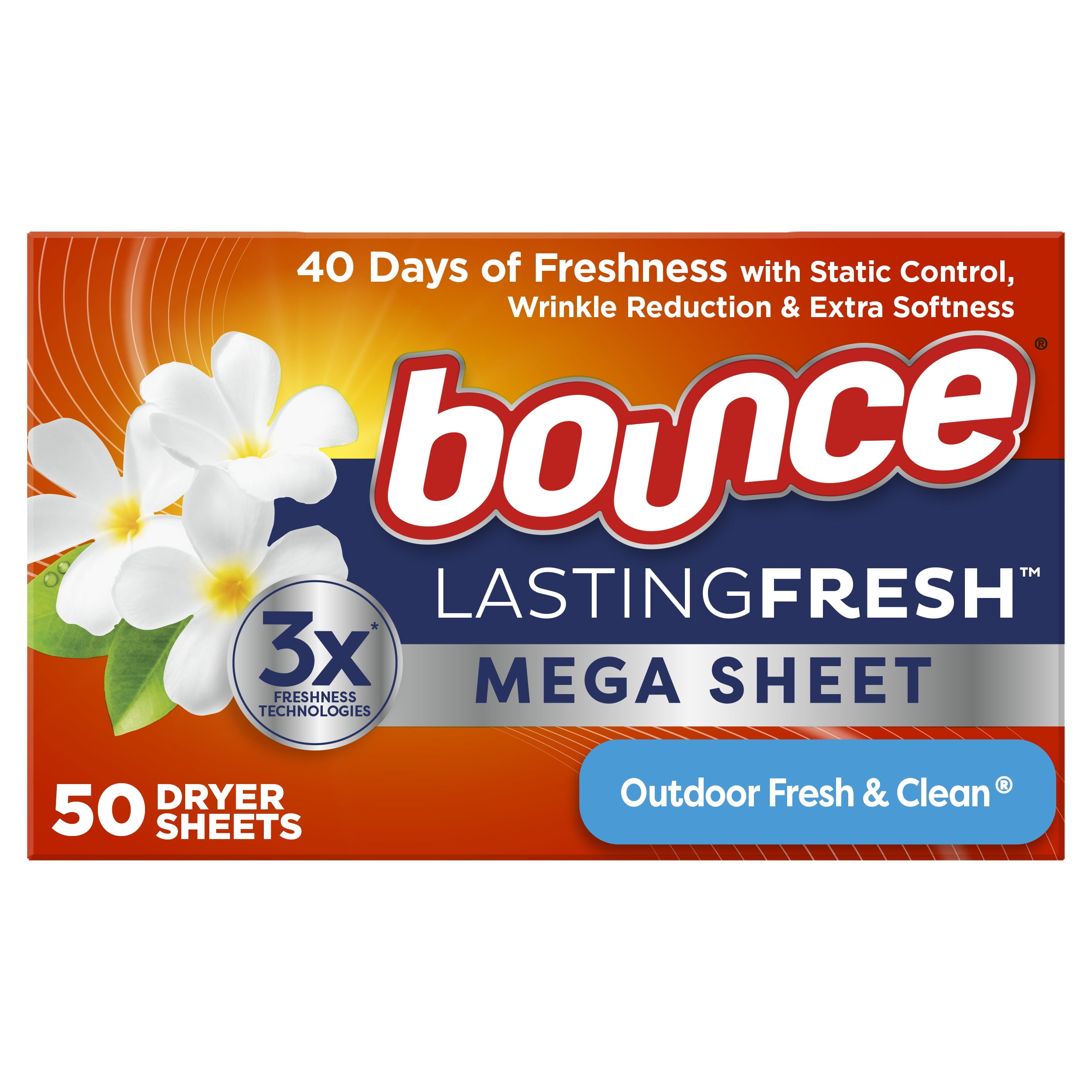 Bounce Lasting Fresh Mega Dryer Sheets, 50 Count, Outdoor Fresh & Clean ...